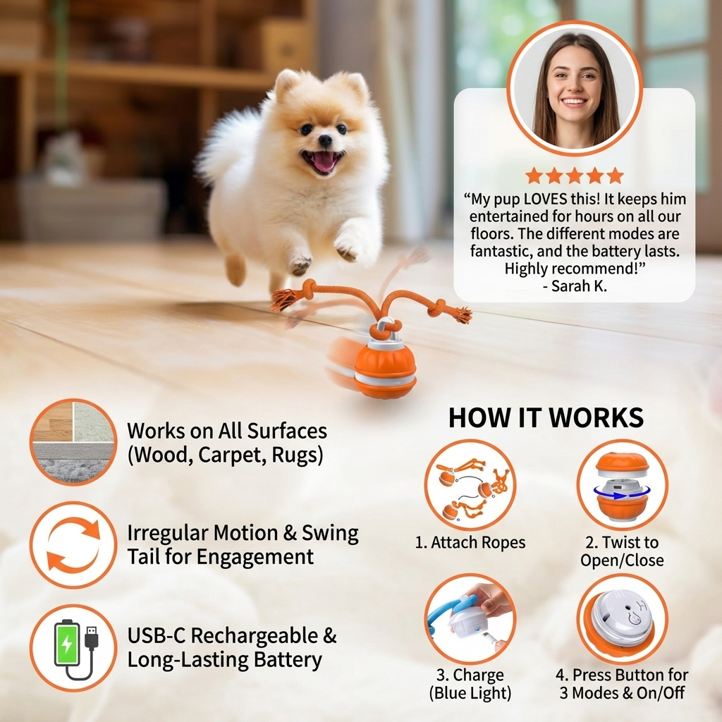 Durable Dog Play Ball with Motion Sensor and Tug Rope in Dog-Friendly ...